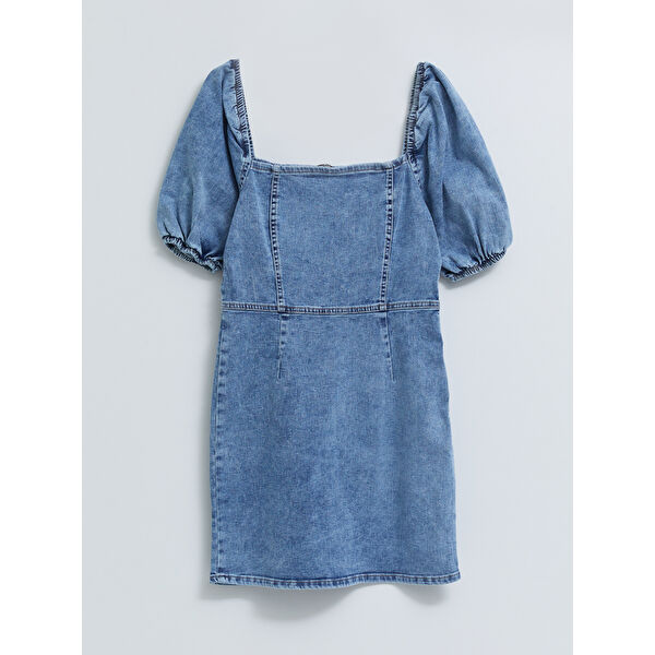 XSIDE Kare Yaka Düz Kısa Kollu Kadın Jean Elbise