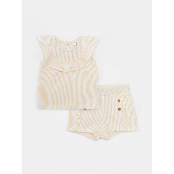 Bisiklet Yaka Çizgili Kız Bebek Bluz ve Şort 2'li Takım