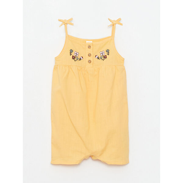 Kare Yaka Askılı Nakış Detaylı Kız Bebek Tulum