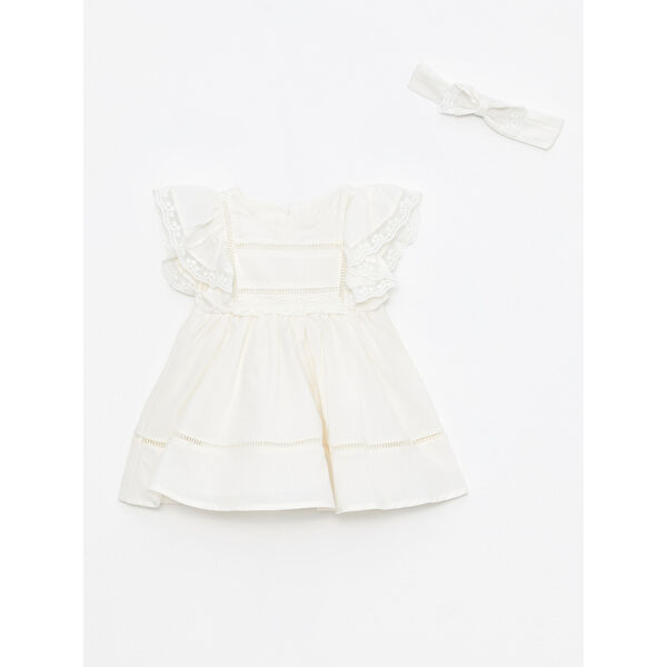 Bisiklet Yaka Kısa Kollu Pamuklu Kız Bebek Elbise ve Saç Bandı 2'li Takım