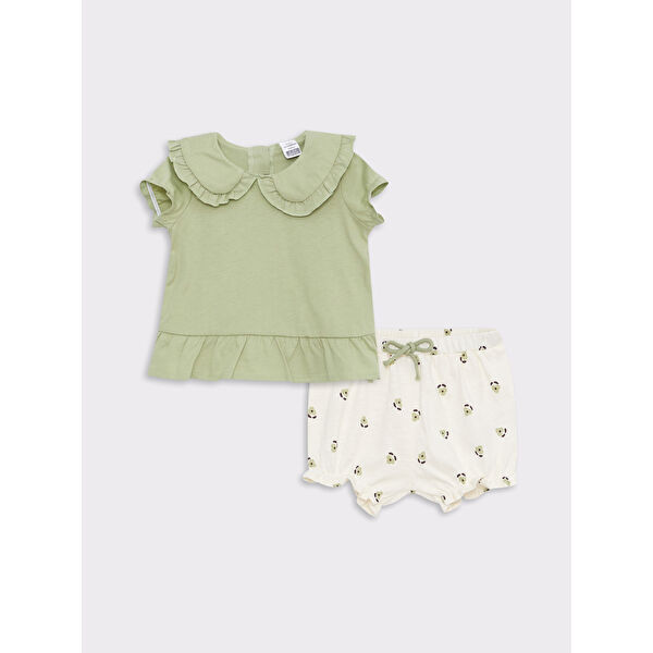 Bebe Yaka Kısa Kollu Kız Bebek Tişört ve Şort 2'li Takım
