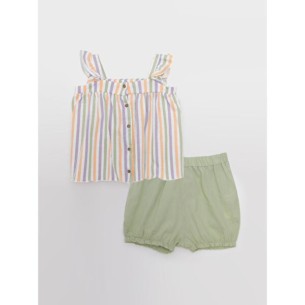 Kare Yaka Askılı Çizgili Pamuklu Kız Bebek Bluz ve Şort 2'li Takım