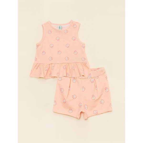 Bisiklet Yaka Baskılı Organik Pamuklu Kız Bebek Tişört ve Şort 2'li Takım