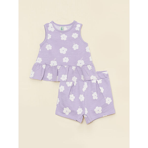 Bisiklet Yaka Baskılı Organik Pamuklu Kız Bebek Tişört ve Şort 2'li Takım