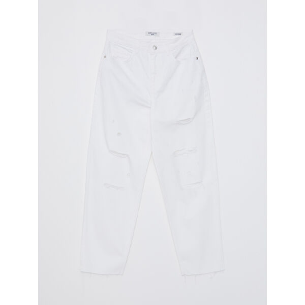 Yüksek Bel Rahat Kalıp Düz Yırtık Detaylı Kadın Rodeo Jean Pantolon