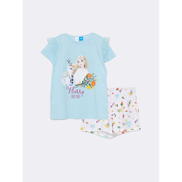 Bisiklet Yaka Elsa Baskılı Kısa Kollu Kız Çocuk Şortlu Pijama Takımı