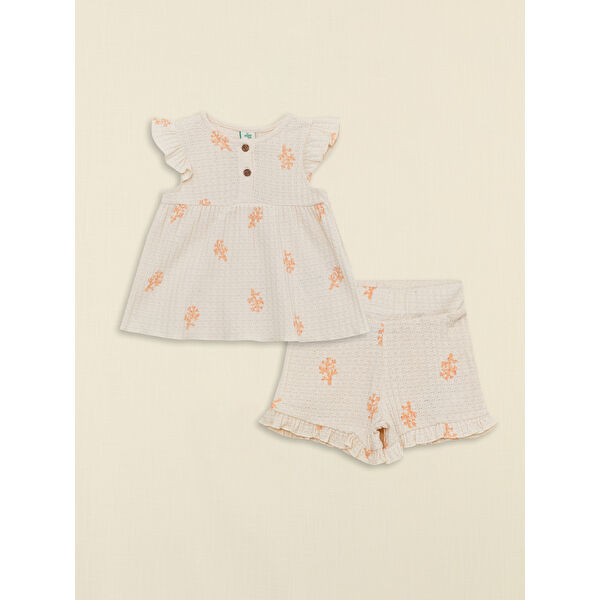 Bisiklet Yaka Kısa Kollu Baskılı Organik Pamuklu Kız Bebek Tişört ve Şort 2'li Takım