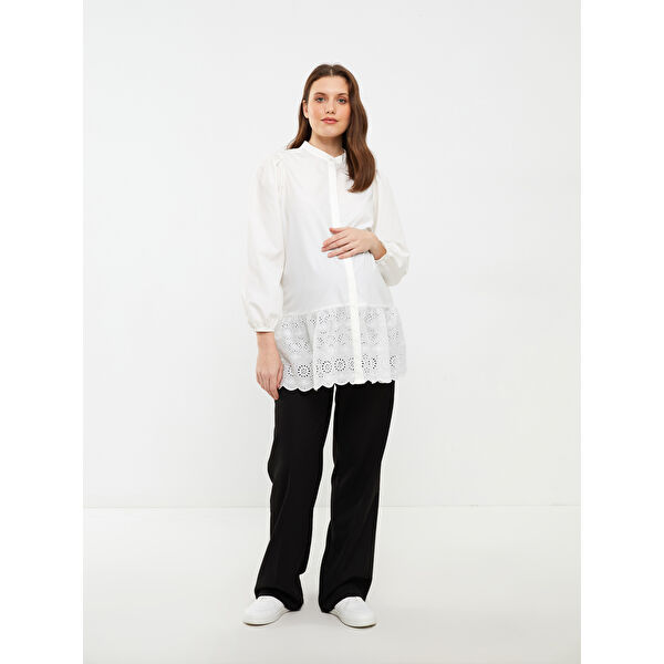 Hakim Yaka Kendinden Desenli Uzun Kollu Poplin Hamile Tunik