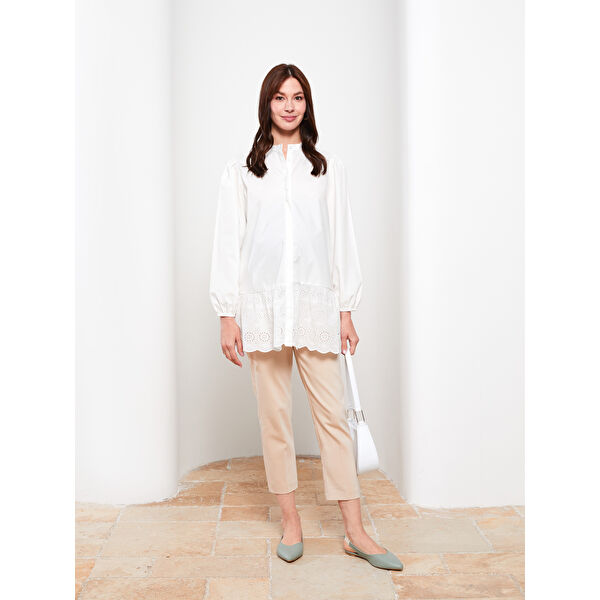 Hakim Yaka Kendinden Desenli Uzun Kollu Poplin Hamile Tunik