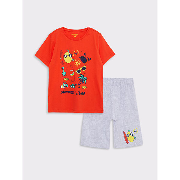 Bisiklet Yaka Baskılı Kısa Kollu Erkek Çocuk Şortlu Pijama Takımı Bisiklet Yaka Baskılı Kısa Kollu Erkek Çocuk Şortlu Pijama Takımı