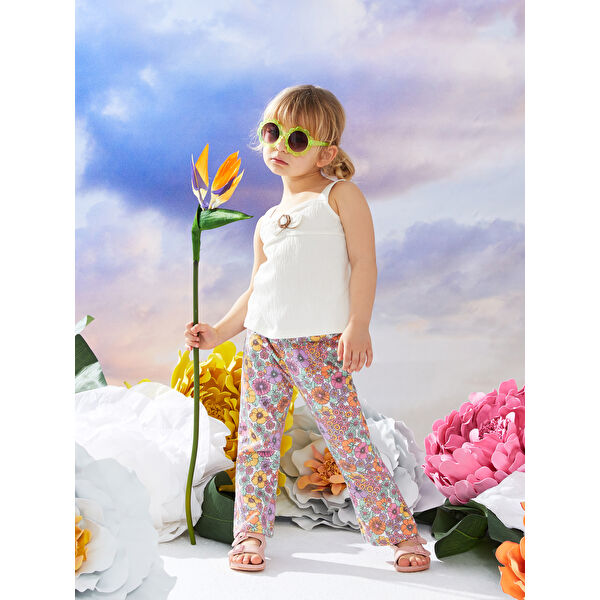 Kare Yaka Askılı Desenli Kız Bebek Bluz ve Pantolon 2'li Takım