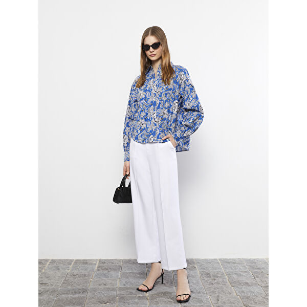 LCW CASUAL Önden Düğme Kapamalı Çiçekli Uzun Kollu Poplin Kadın Gömlek