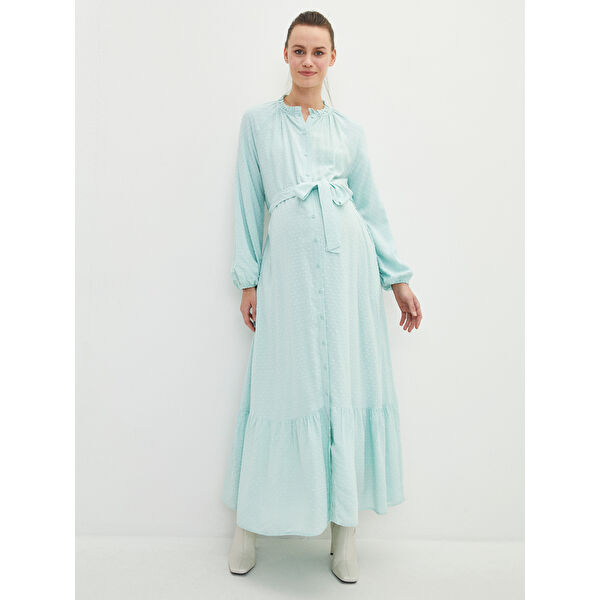 Fırfırlı Dik Yaka Kendinden Desenli Uzun Kollu Poplin Hamile Elbise