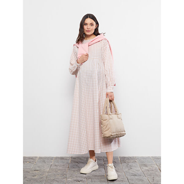 Bisiklet Yaka Ekose Uzun Kollu Poplin Hamile Elbise