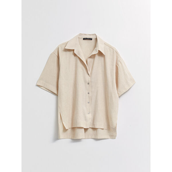 LCW CASUAL Önden Düğme Kapamalı Düz Kısa Kollu Keten Kadın Gömlek