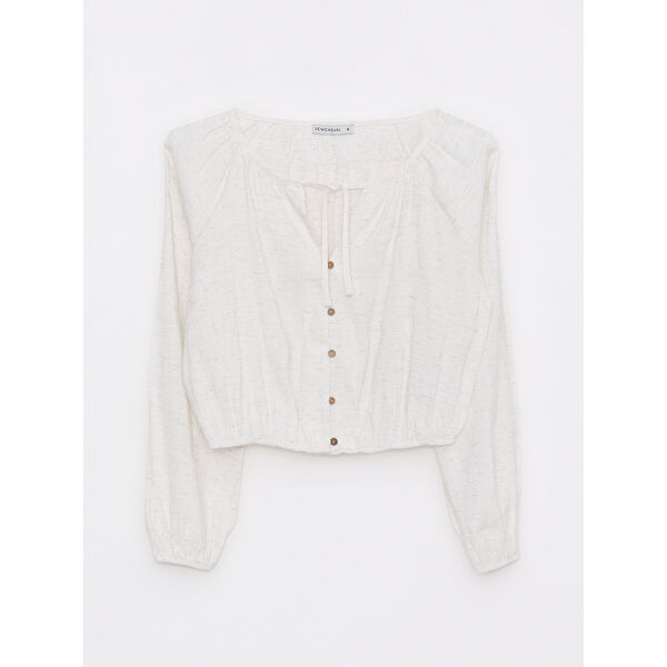 LCW CASUAL Bağlamalı Yaka Düz Uzun Kollu Keten Kadın Bluz