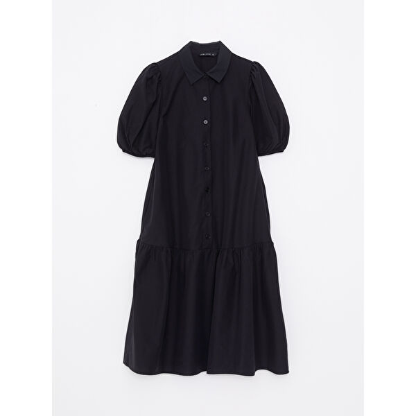 LCW CASUAL Gömlek Yaka Düz Kısa Kollu A Kesim Poplin Kadın Elbise