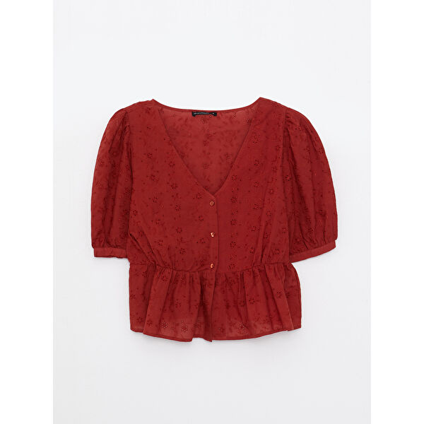 LCW CASUAL V Yaka Kendinden Desenli Kısa Kollu Poplin Kadın Bluz