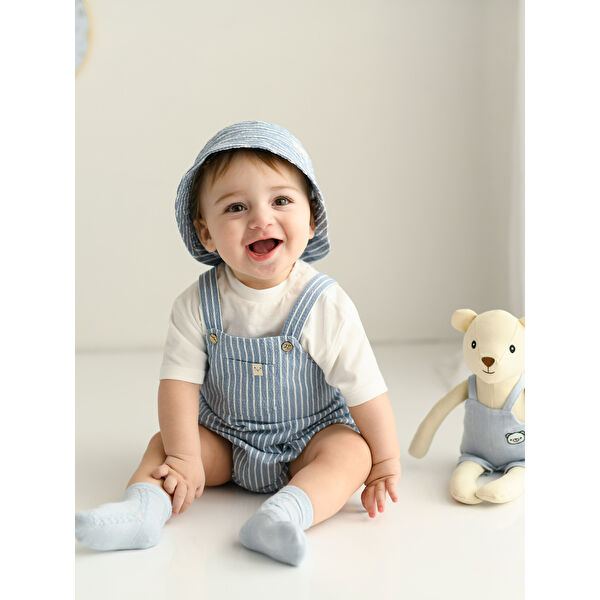KANZ Bisiklet Yaka Erkek Bebek Tişört ve Çizgili Salopet 2'li Takım