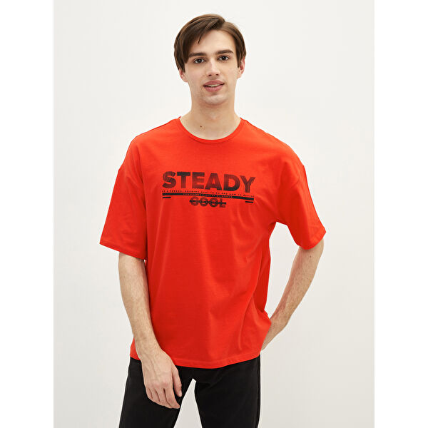 Oversize Bisiklet Yaka Kısa Kollu Baskılı Penye Erkek Tişört