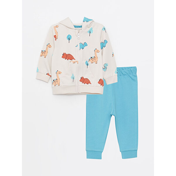 Kapüşonlu Uzun Kollu Pamuklu Erkek Bebek Fermuarlı Sweatshirt ve Pantolon 2'li Takım