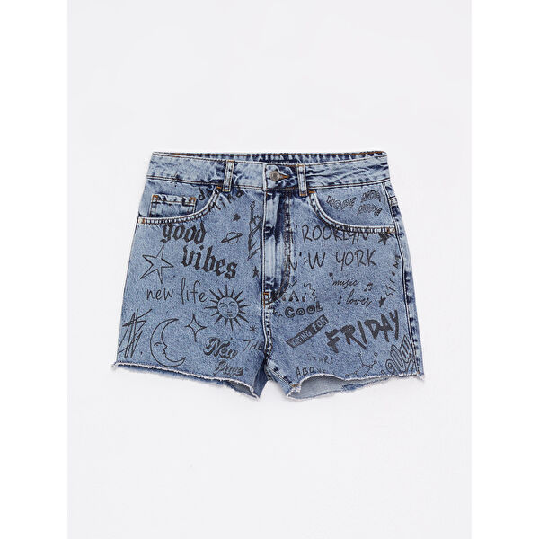 Standart Fit Baskılı Cep Detaylı Kadın Rodeo Jean Şort
