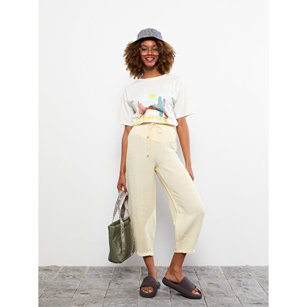 LCW CASUAL Beli Lastikli Bağlama Detaylı Düz Keten Kadın Pantolon