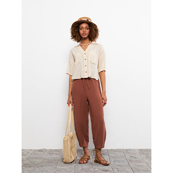 LCW CASUAL Beli Lastikli Bağlama Detaylı Düz Keten Kadın Pantolon