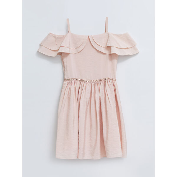 Kare Yaka Pul İşlemeli Kısa Kollu Omuzları Açık Kız Çocuk Elbise