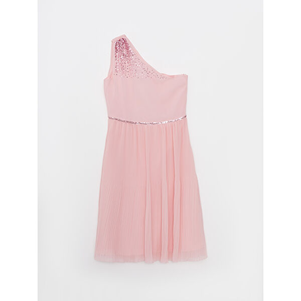 Pul İşlemeli Tek Omuz Detaylı Kız Çocuk Elbise