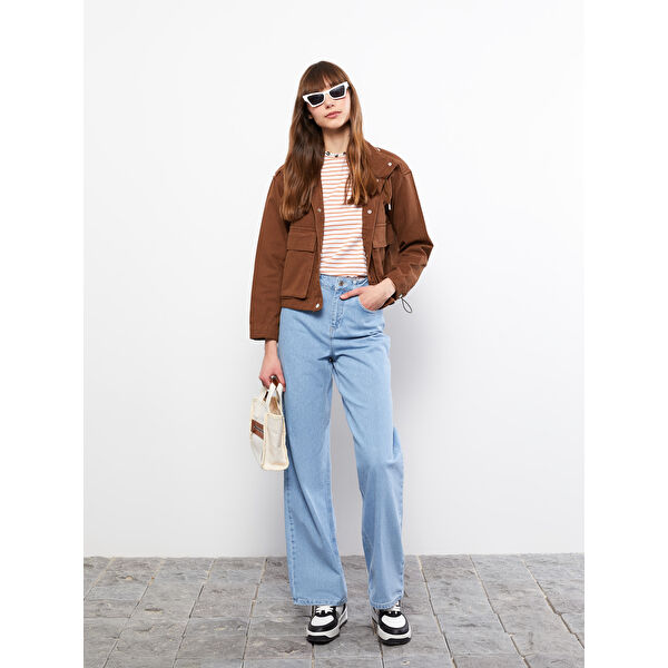 LCW CASUAL Dik Yaka Düz Uzun Kollu Gabardin Kadın Mont