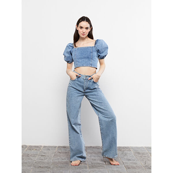 XSIDE Standart Fit Düz Cep Detaylı Geniş Paça Kadın Jean Pantolon