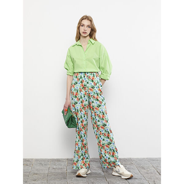 Beli Lastikli Desenli Viskon Kadın Pantolon