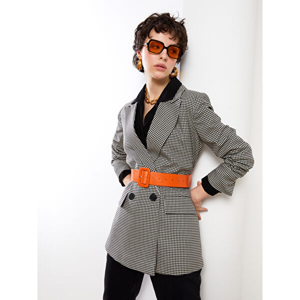 Önden Düğme Kapamalı Kazayağı Desenli Uzun Kollu Kadın Blazer Ceket Önden Düğme Kapamalı Kazayağı Desenli Uzun Kollu Kadın Blazer Ceket
