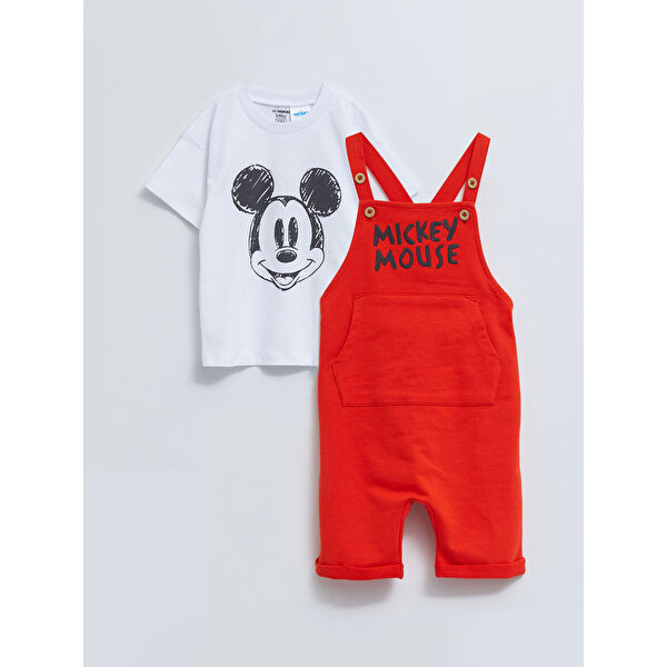 Bisiklet Yaka Kısa Kollu Mickey Mouse Baskılı Erkek Bebek Tişört ve Salopet 2'li Takım