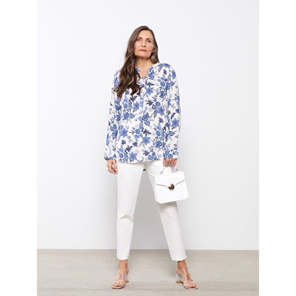 LCW GRACE Kaçık Yaka Desenli Uzun Kollu Viskon Kadın Bluz