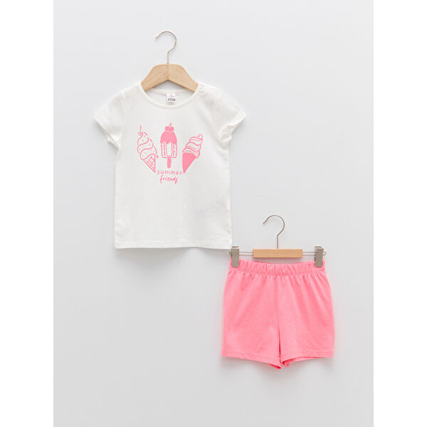 Bisiklet Yaka Kısa Kollu Baskılı Kız Bebek Tişört ve Şort 2'li Takım