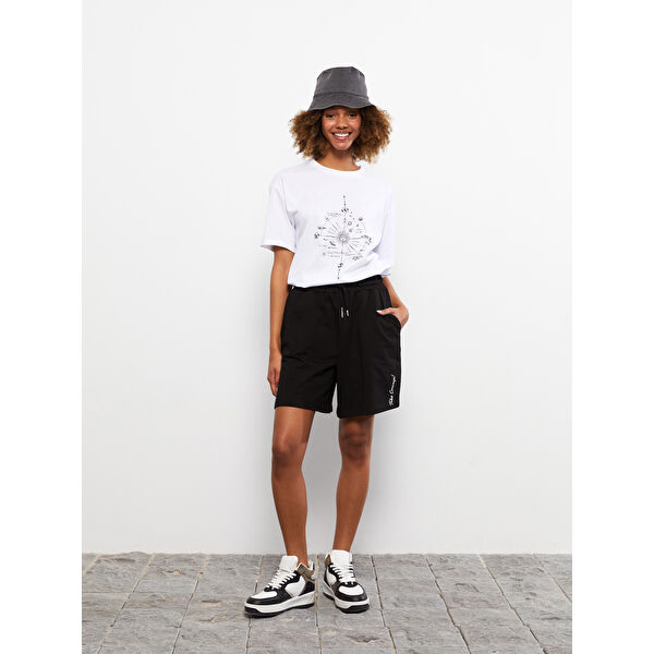 Beli Lastikli Yazı Baskılı Kadın Şort