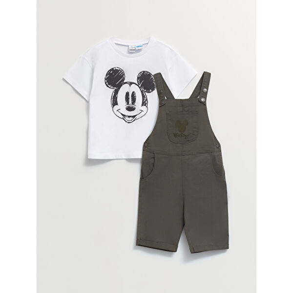 Bisiklet Yaka Kısa Kollu Mickey Mouse Baskılı Erkek Bebek Tişört ve Salopet 2'li Takım