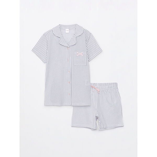 Gömlek Yaka Çizgili Kısa Kollu Kız Çocuk Şortlu Pijama Takımı