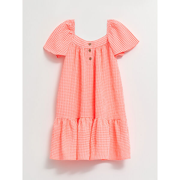 Kare Yaka Ekose Kısa Kollu Kız Çocuk Elbise