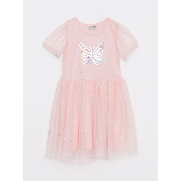 Bisiklet Yaka Pul İşlemeli Kısa Kollu Kız Çocuk Elbise