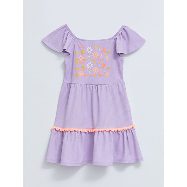 Kare Yaka İşlemeli Kısa Kollu Kız Çocuk Elbise
