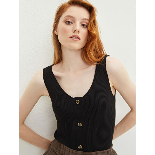 LCW CLASSIC V Yaka Düz Kolsuz Kadın Triko Kazak