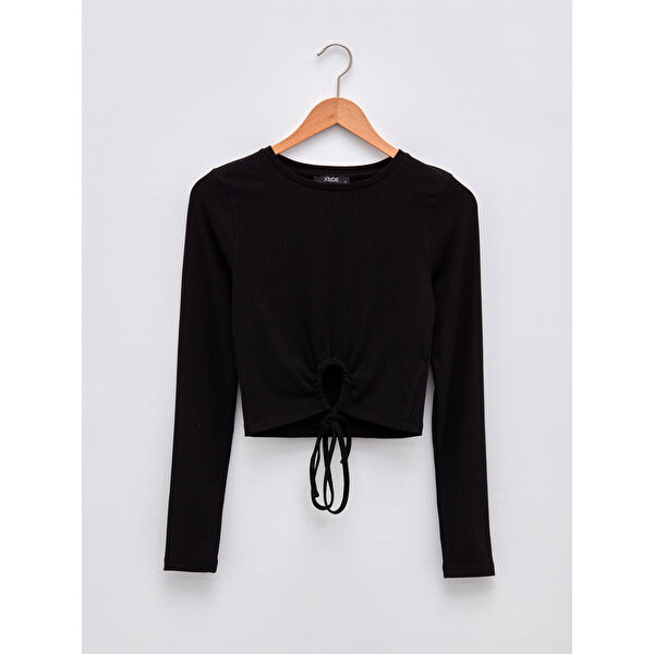 XSIDE Bisiklet Yaka Düz Uzun Kollu Crop Kadın Bluz