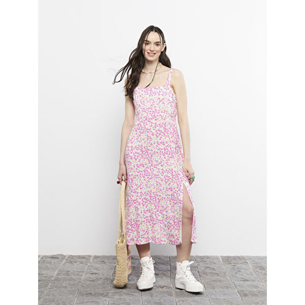 XSIDE Kare Yaka Çiçekli Viskon Kadın Elbise