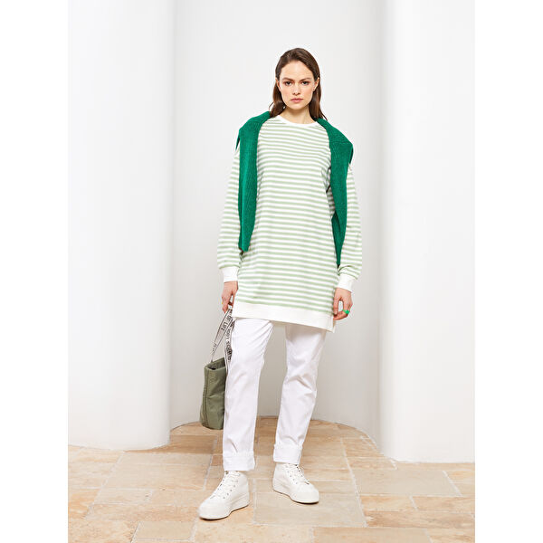 MODEST Bisiklet Yaka Çizgili Uzun Kollu Pamuklu Kadın Sweatshirt Tunik