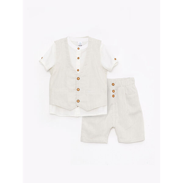 Erkek Bebek Gömlek Şort ve Yelek 3'lü Takım