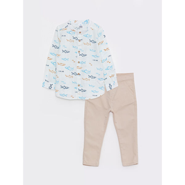 Hakim Yaka Uzun Kollu Desenli Erkek Bebek Poplin Gömlek ve Pantolon