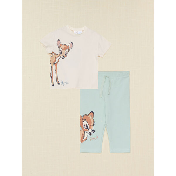 Bisiklet Yaka Kısa Kollu Bambi Baskılı Pamuklu Kız Bebek Tişört ve Şort 2'li Takım
